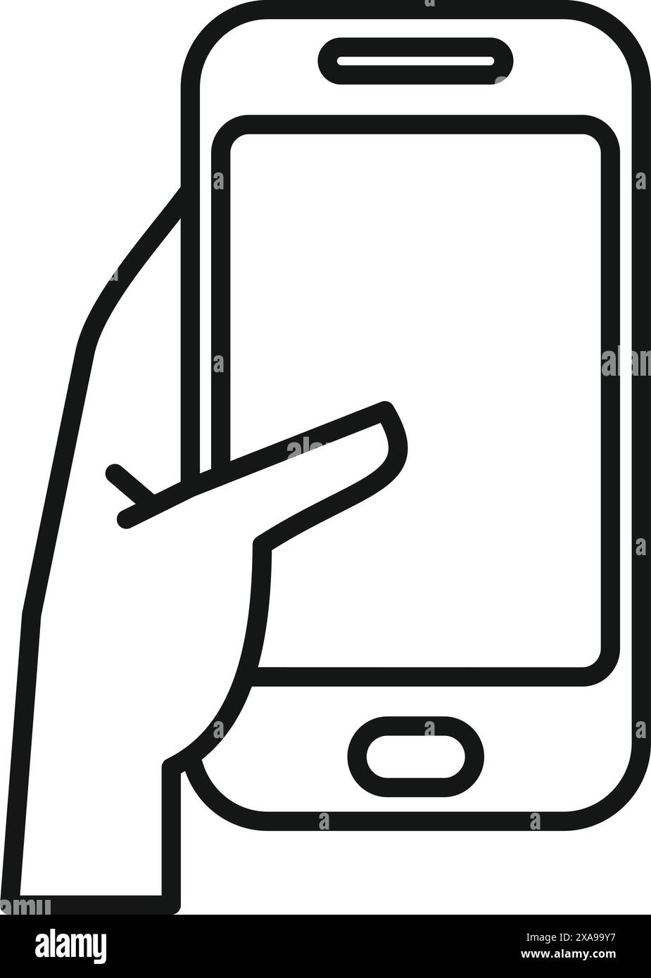 Simple, bold line art illustration of a hand holding and using a modern smartphone, perfect for ...