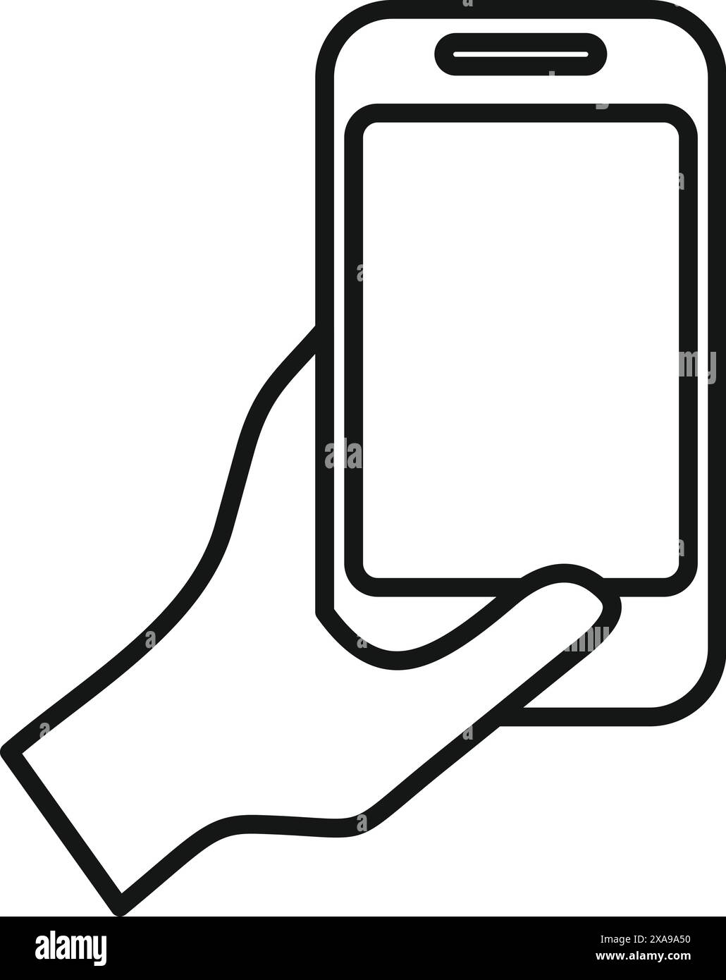 Hand is shown holding a smartphone, in a simple and iconic outline ...