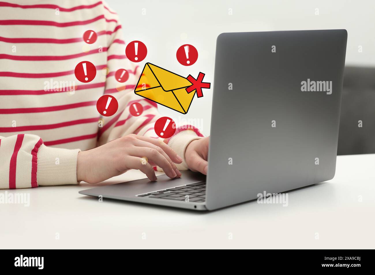 Woman Using Laptop At Table Closeup Spam Message Notifications Above