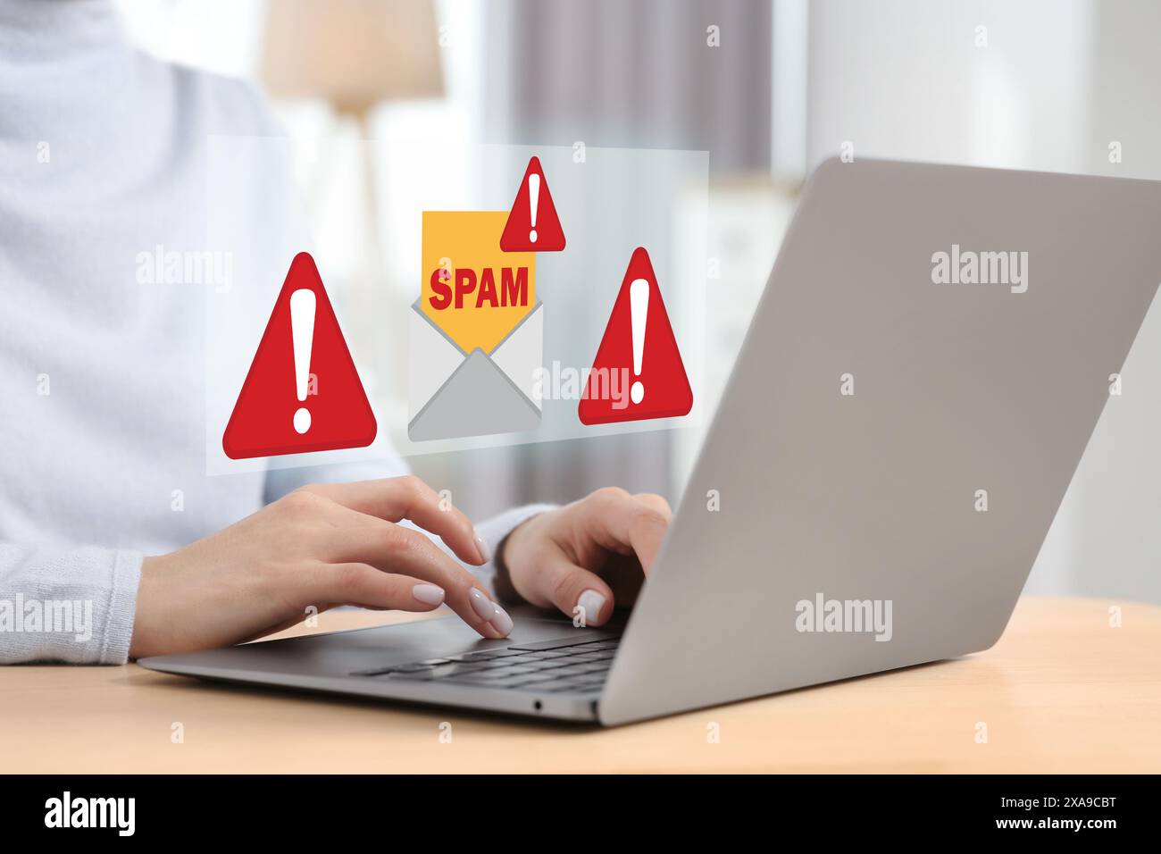 Woman using laptop at table, closeup. Spam message notifications above device, illustration ...