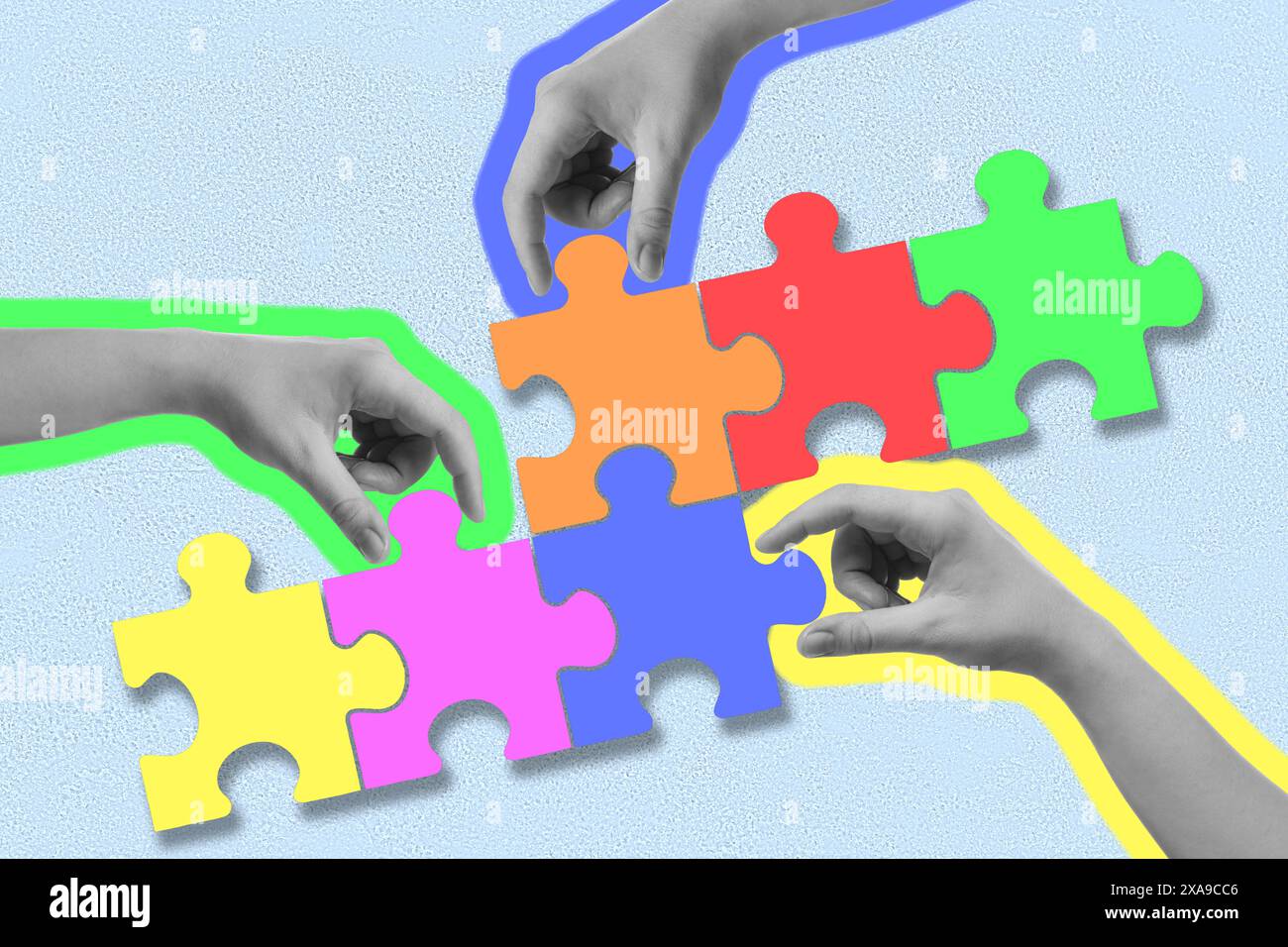 Hands putting jigsaw puzzle pieces together on color background ...