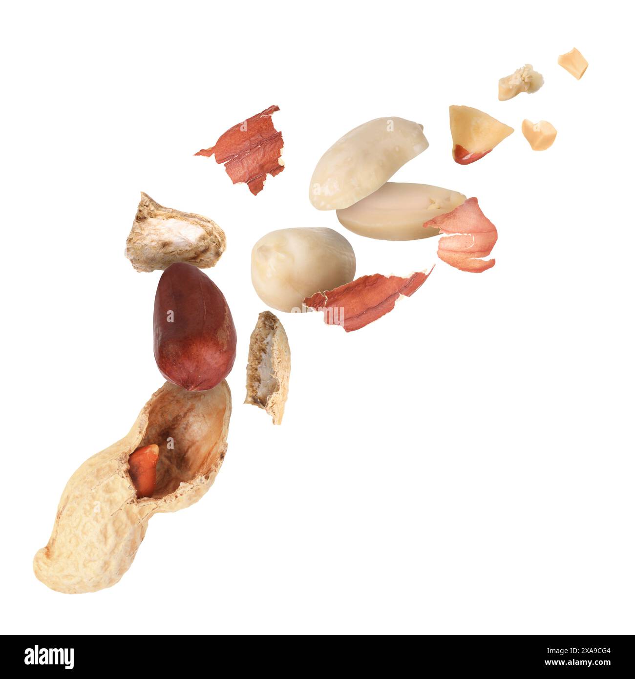 Peanuts and crushed pod in air on white background Stock Photo - Alamy