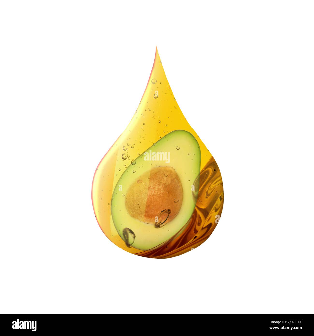 Cooking oil drop with half of avocado inside on white background Stock ...