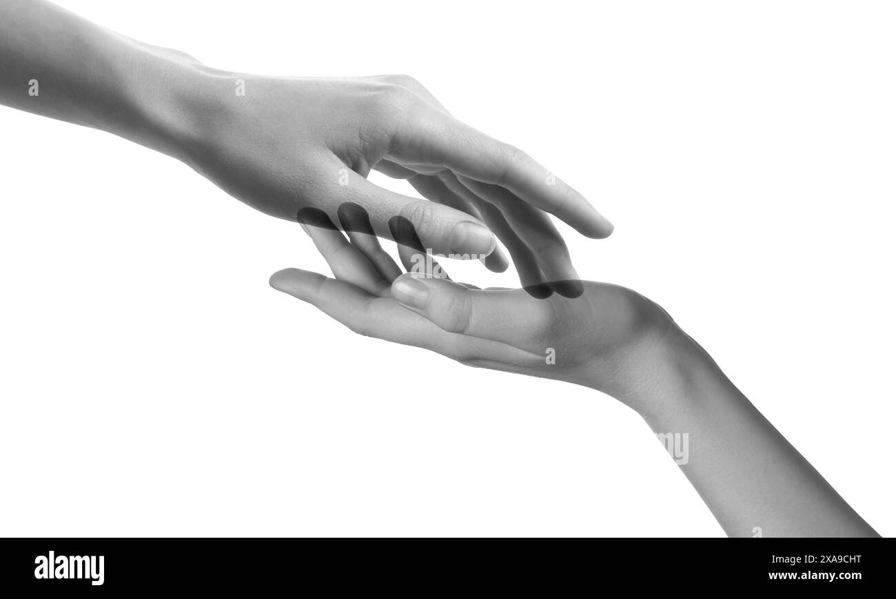 Double exposure of people's hands on white background, closeup. Black ...