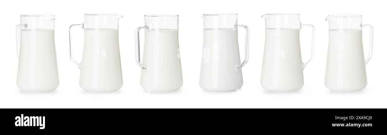 Fresh milk in jug isolated on white, set Stock Photo - Alamy