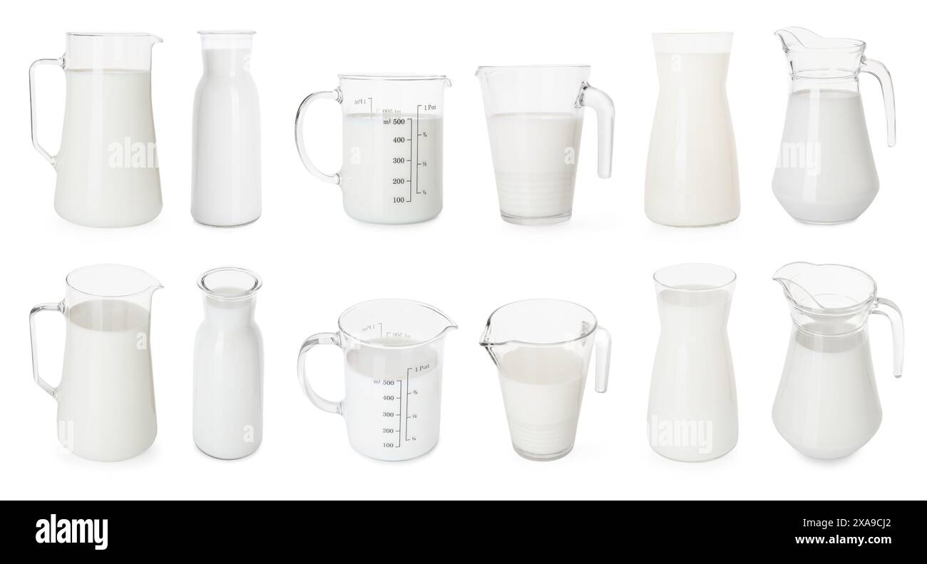 Fresh milk in jugs isolated on white, set Stock Photo - Alamy