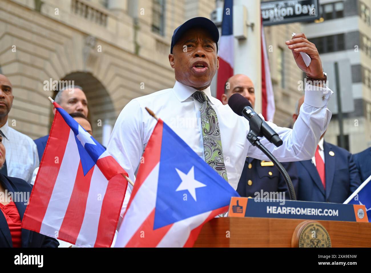 Mayor Eric Adams delivers remarks at flag-raising ceremony for Puerto ...