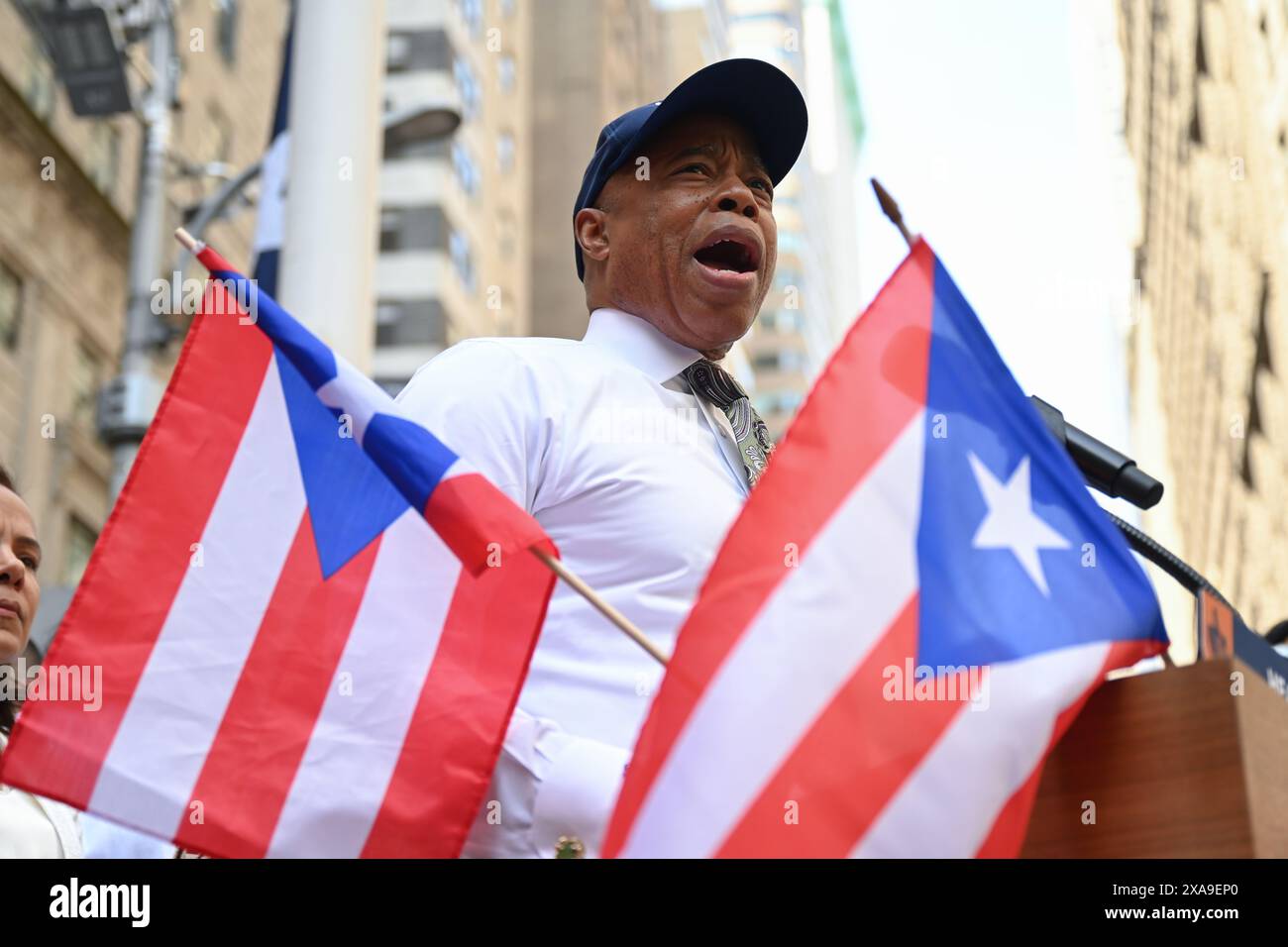 Mayor Eric Adams delivers remarks at flag-raising ceremony for Puerto ...