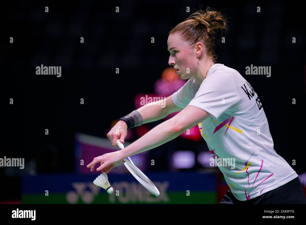 Line Hojmark Kjaersfeldt of Denmark in action during the singles match ...