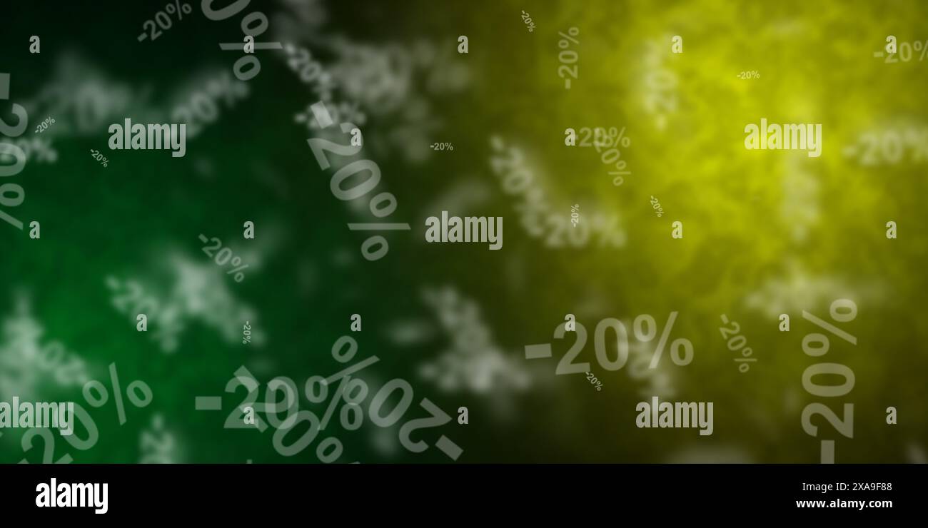 Flying -20% discount symbols over green and lemon yellow background ...