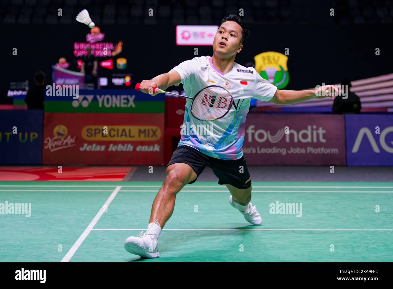 Anthony Sinisuka Ginting of Indonesia in action during the singles match on day one of the Kapal ...