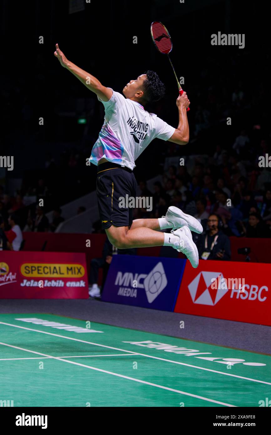 Anthony Sinisuka Ginting of Indonesia in action during the singles ...