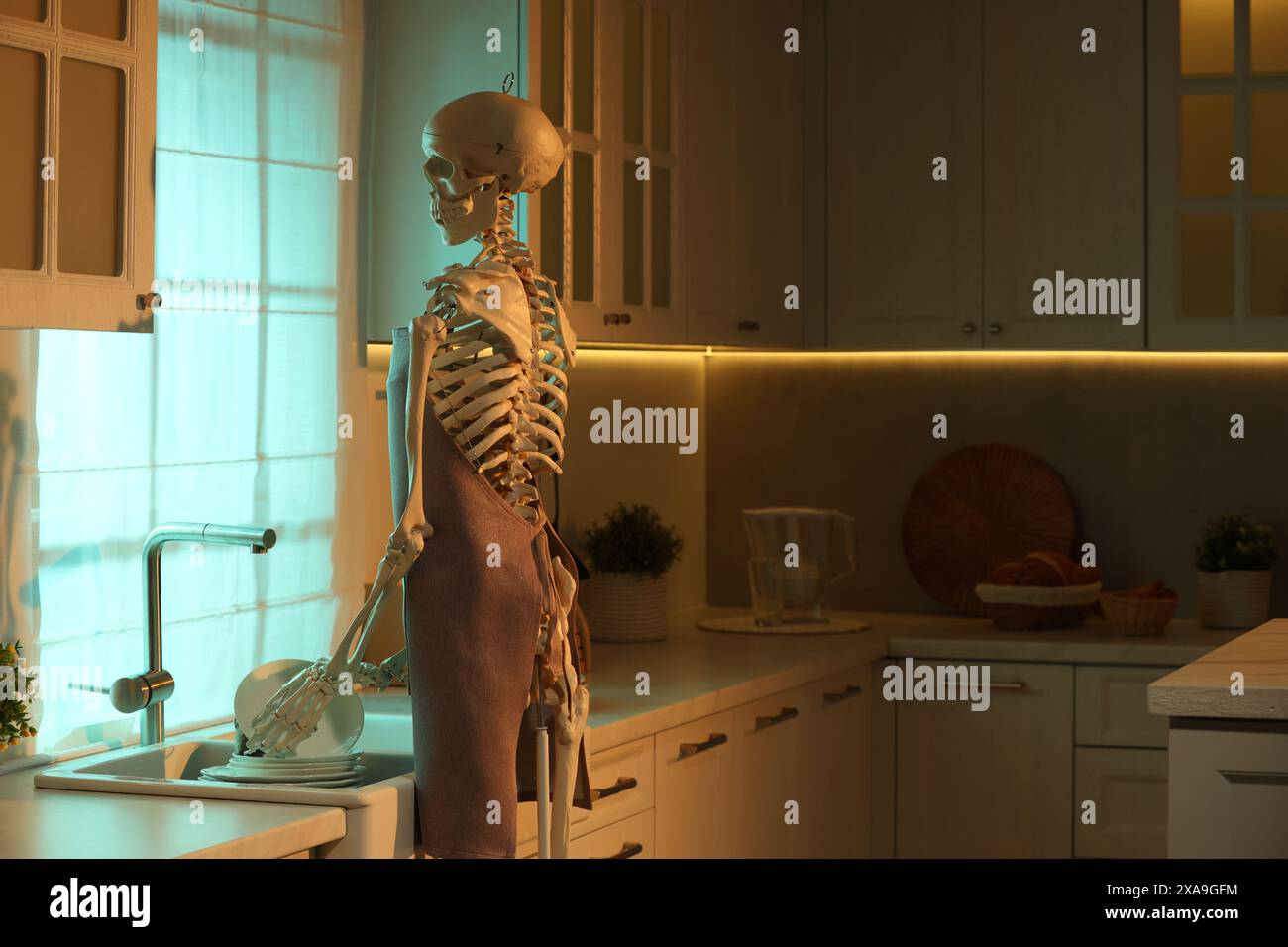 Human skeleton washing dishes in kitchen sink at night Stock Photo - Alamy