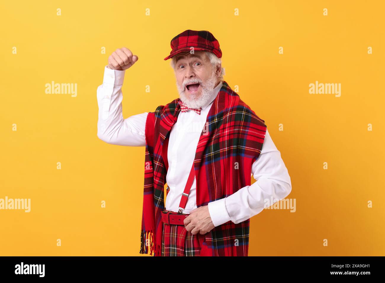 Portrait of grandpa with stylish hat and bowtie on yellow background ...