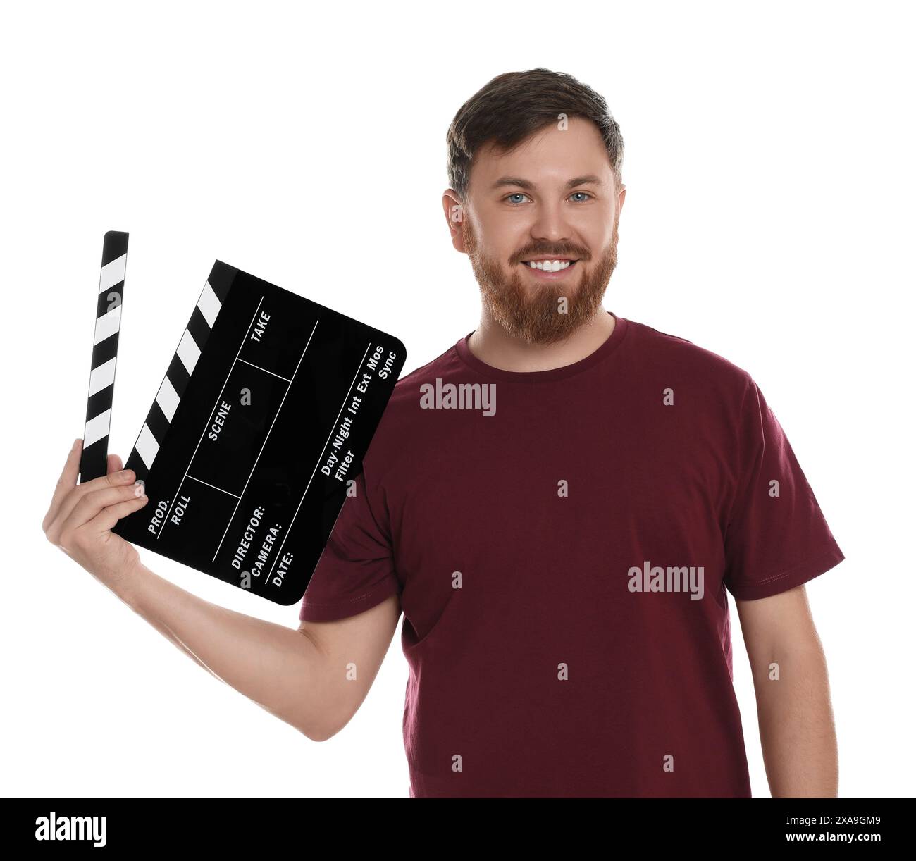 Making movie. Smiling man with clapperboard on white background Stock ...
