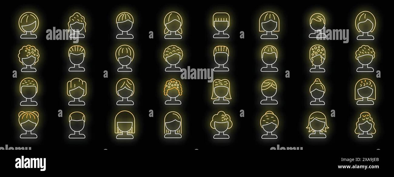 Wig icons set outline vector. Curly girl. Beautiful costume neon color ...