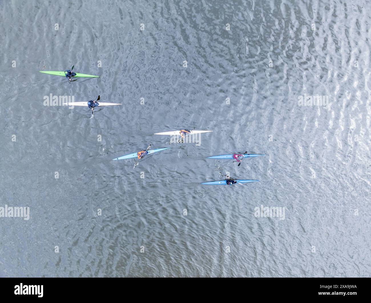 Kayaking top view. Group of kayaks rowing. Kayaks float on the river ...