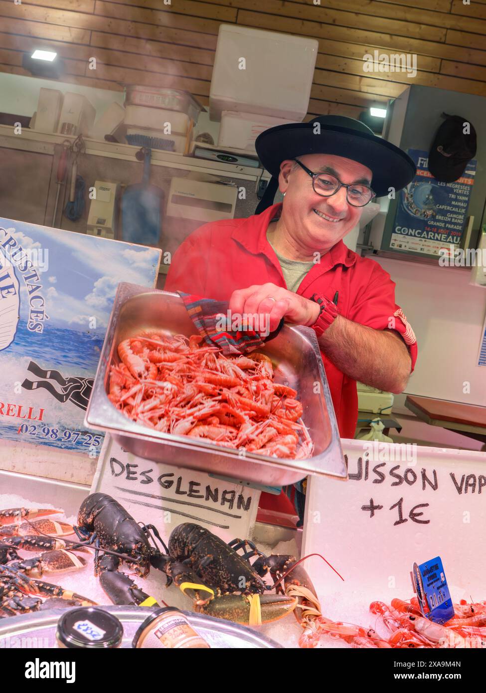 BRETON FISHMONGER PRAWNS STEAMING LANGOUSTINES FISH STALL MARKET ...