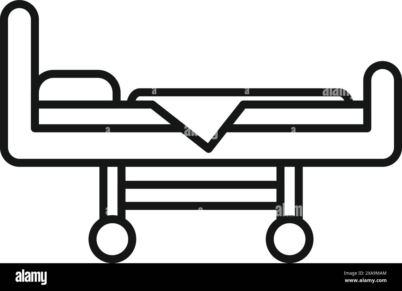 Simple line drawing of a hospital bed, representing medical care and ...