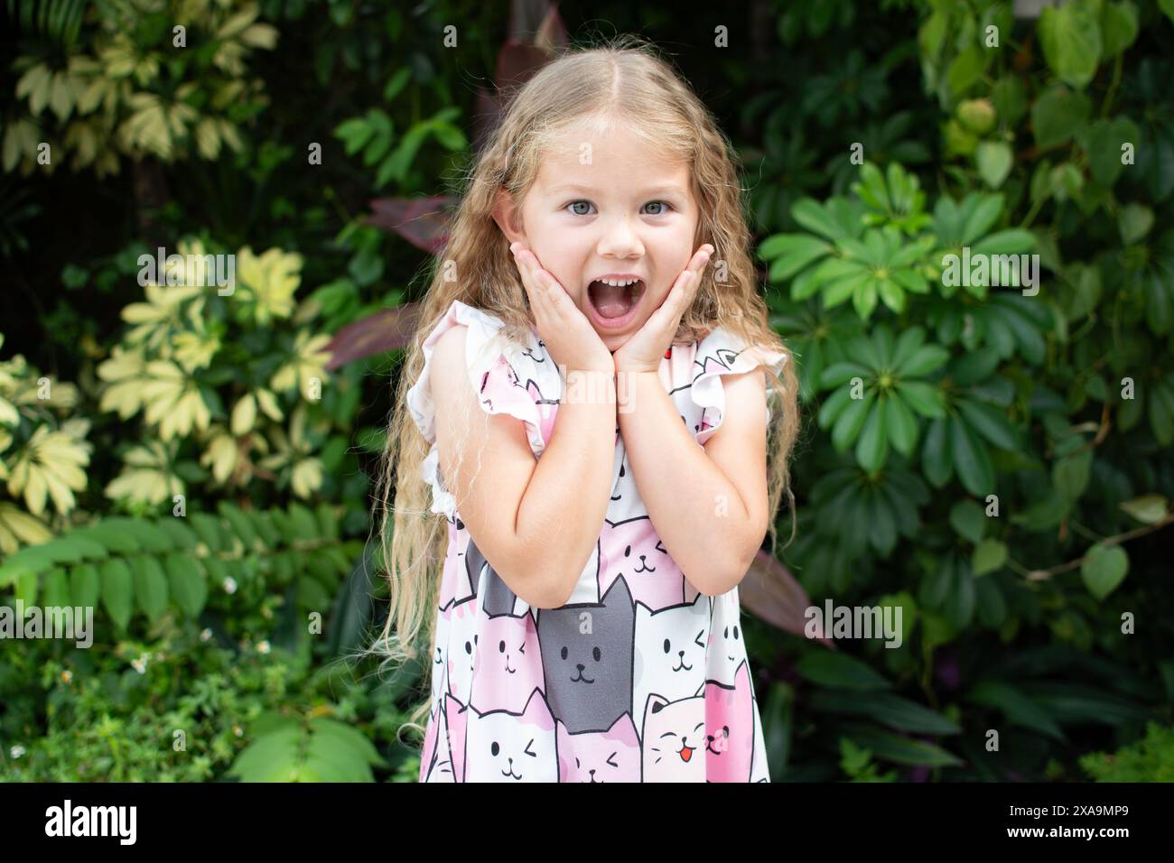 Happy and surprised little girl. Face expression of a child. Looking at ...