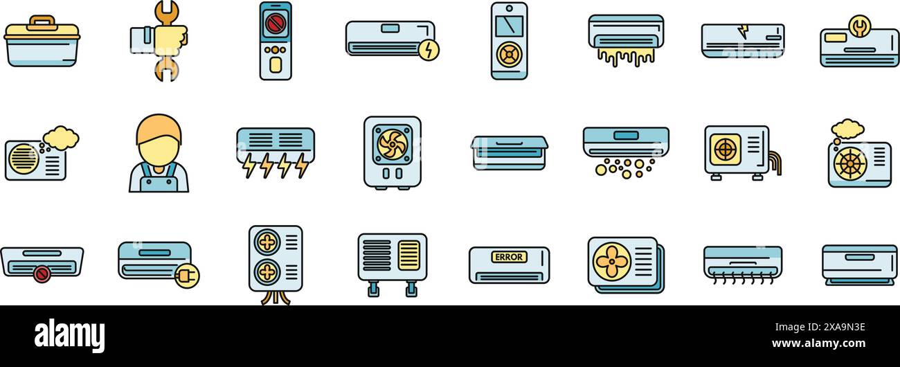 Repair air conditioner icons set outline vector. Install hvac. Air pump ...