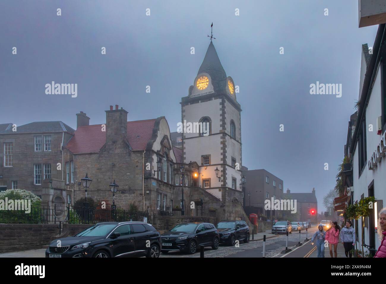 High Street in South Queensferry, dominated by Jubilee clock tower ...