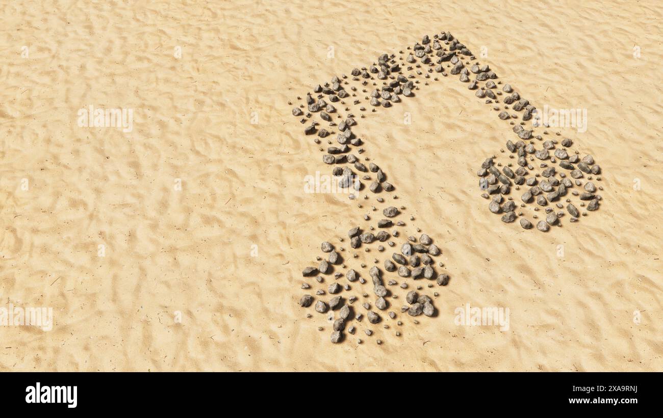Concept conceptual stones on beach sand handmade symbol shape, golden ...
