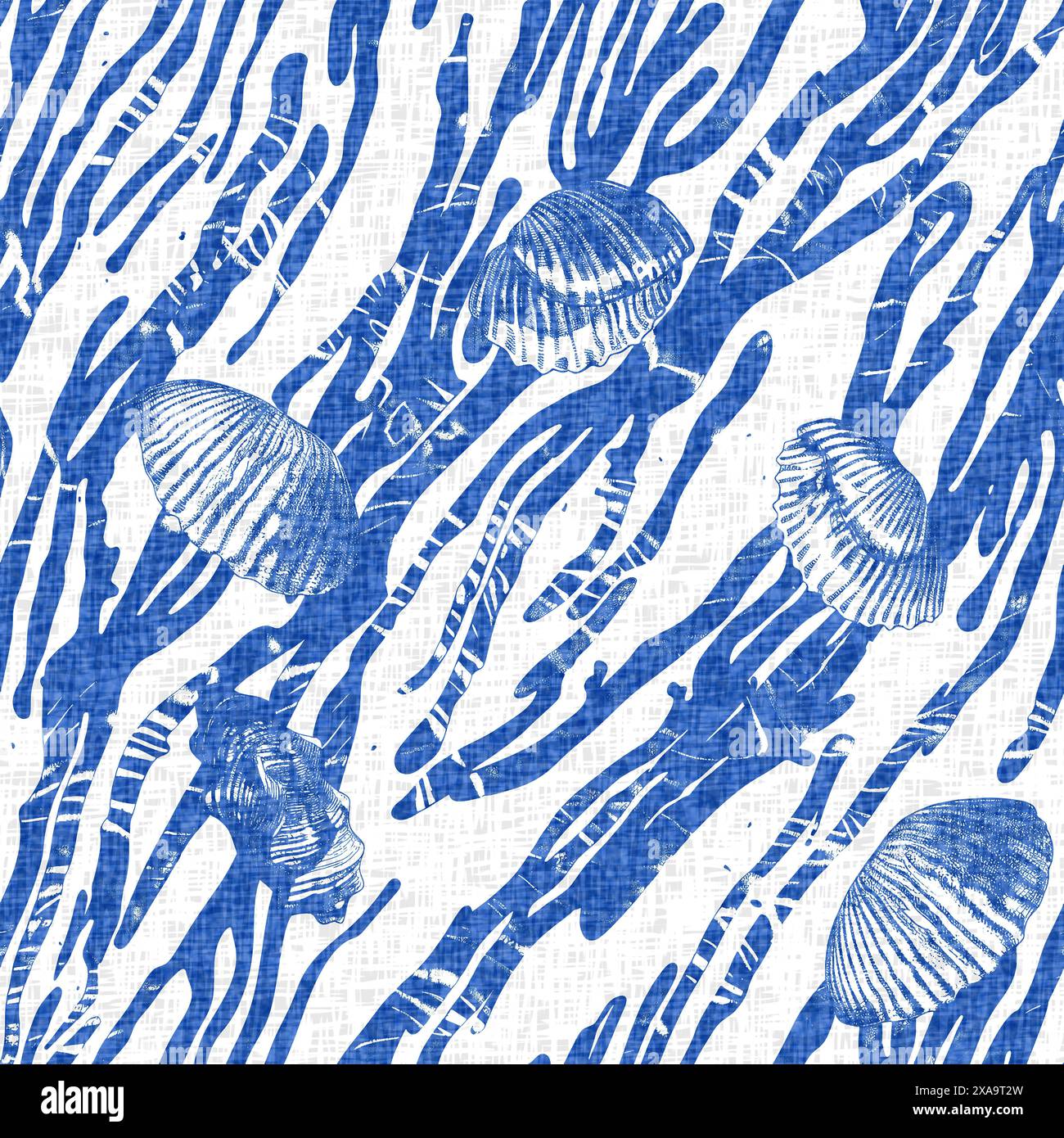 Azure blue white shell motif with linen seamless batik background ...