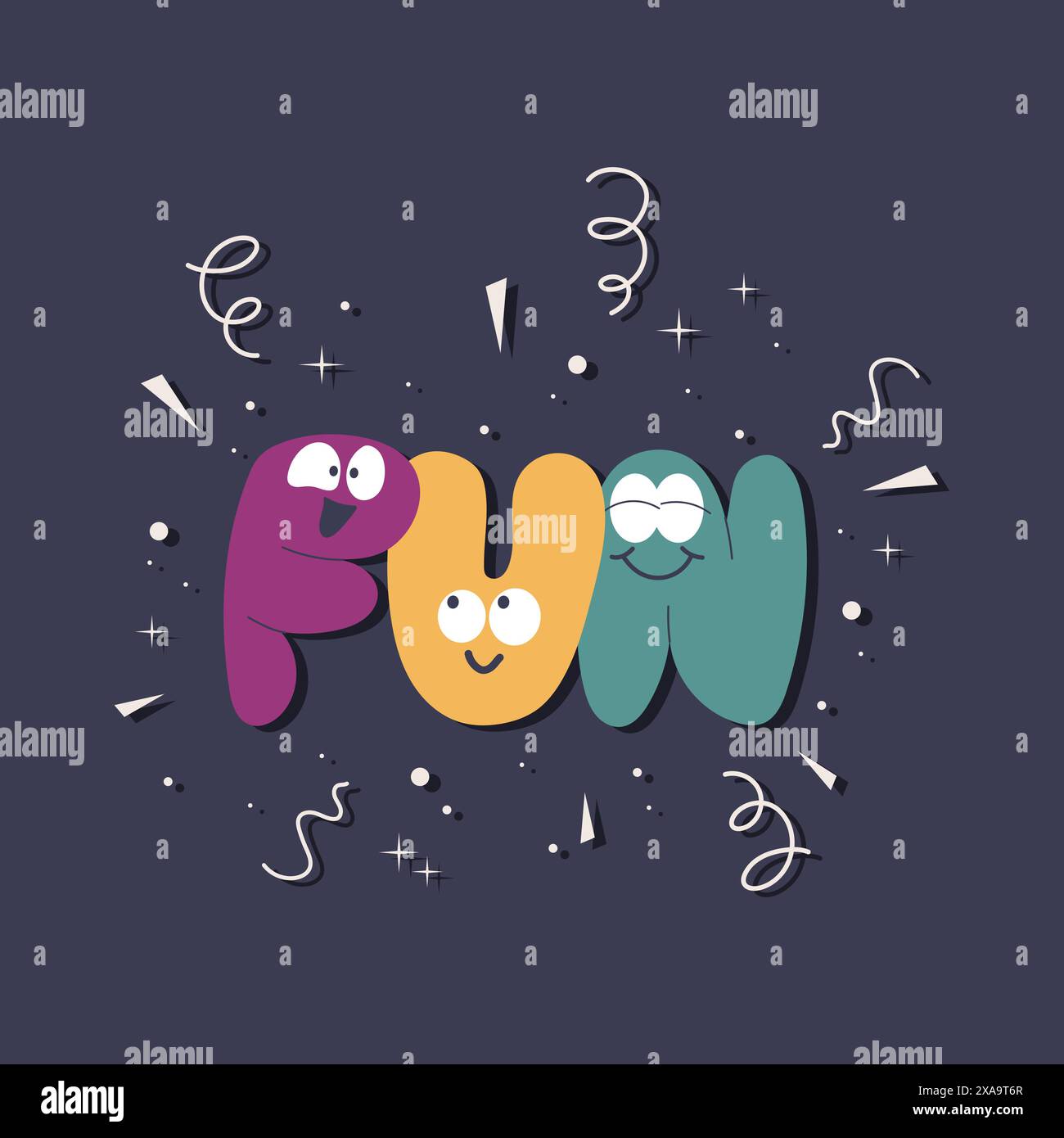 Handdrawn smiling bubble letters making word Fun. Vector mascot ...