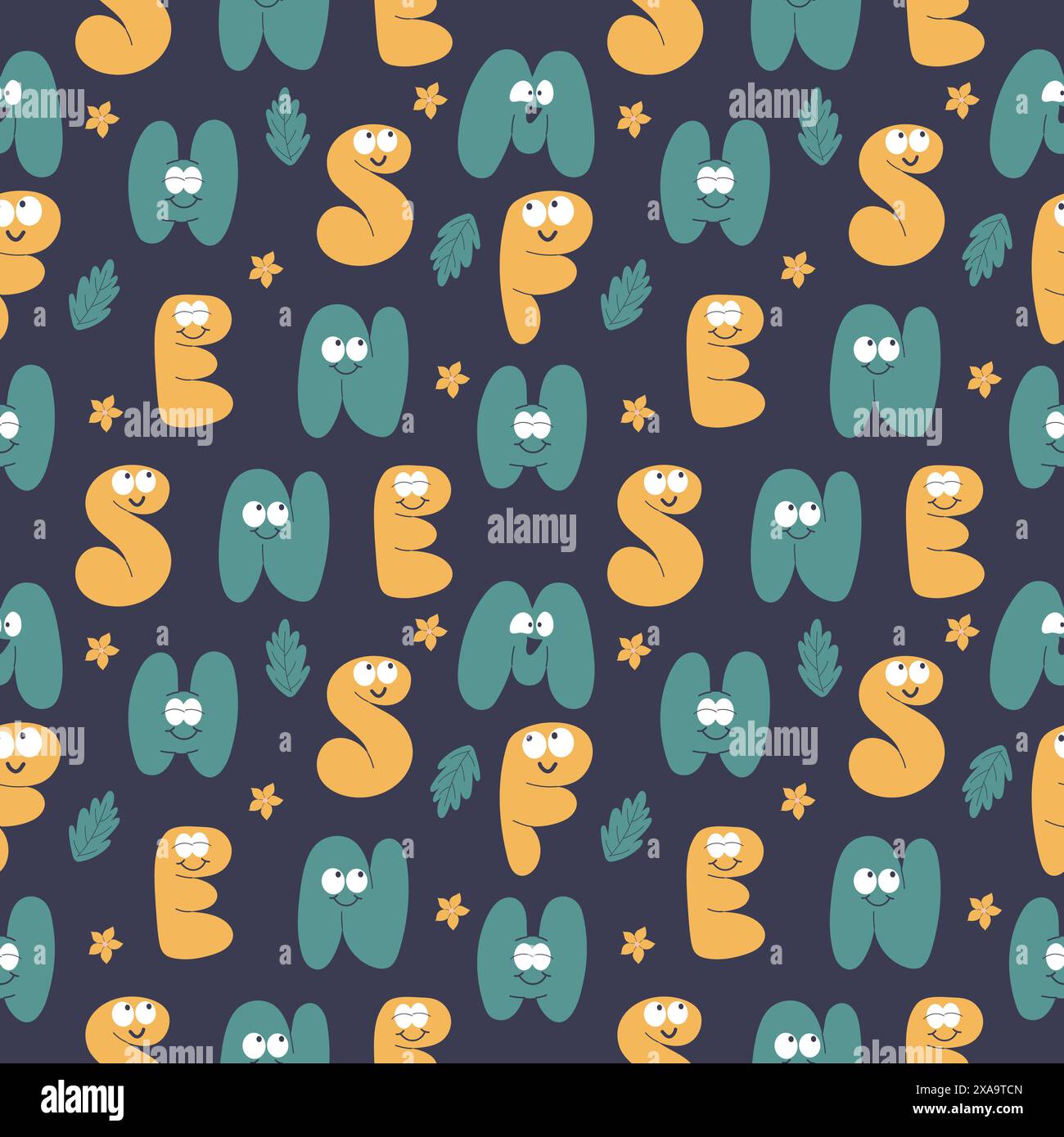 Handdrawn seamless pattern with smiling bubble letters. Funny mascot ...