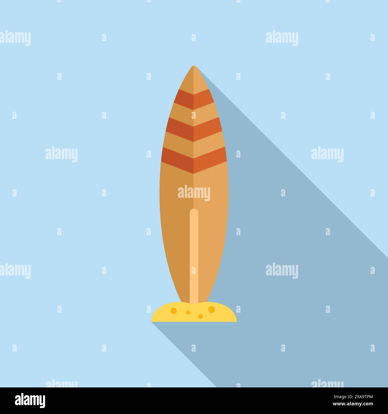 Surfboard standing on the sandy beach by the crystal clear ocean water ...