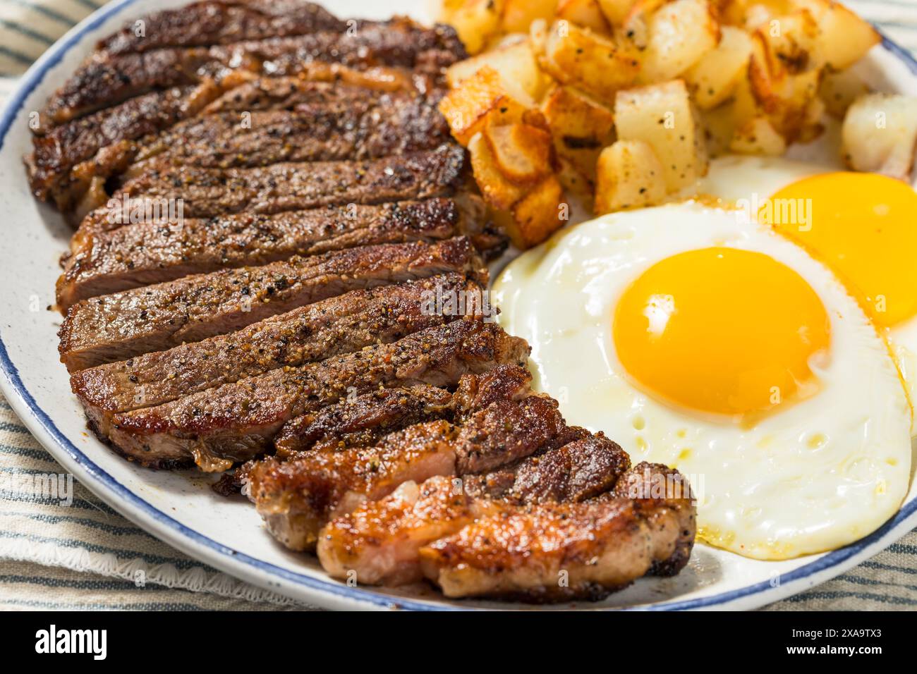 Healthy Breakfast Steak and Eggs with Hash Browns Stock Photo - Alamy