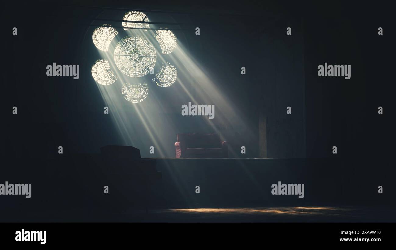 Sunlight streams through a flower shaped window into a dark room with a ...