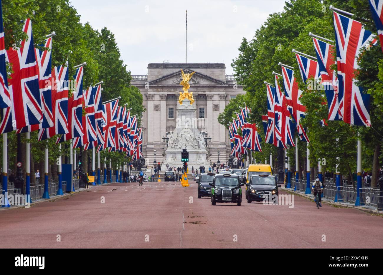 London, England, UK. 5th June, 2024. Union Jack flags line The Mall ...