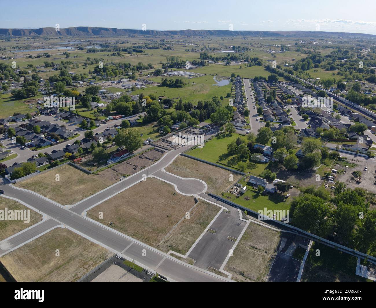 Aerial view of town with residential area in the distance Stock Photo ...