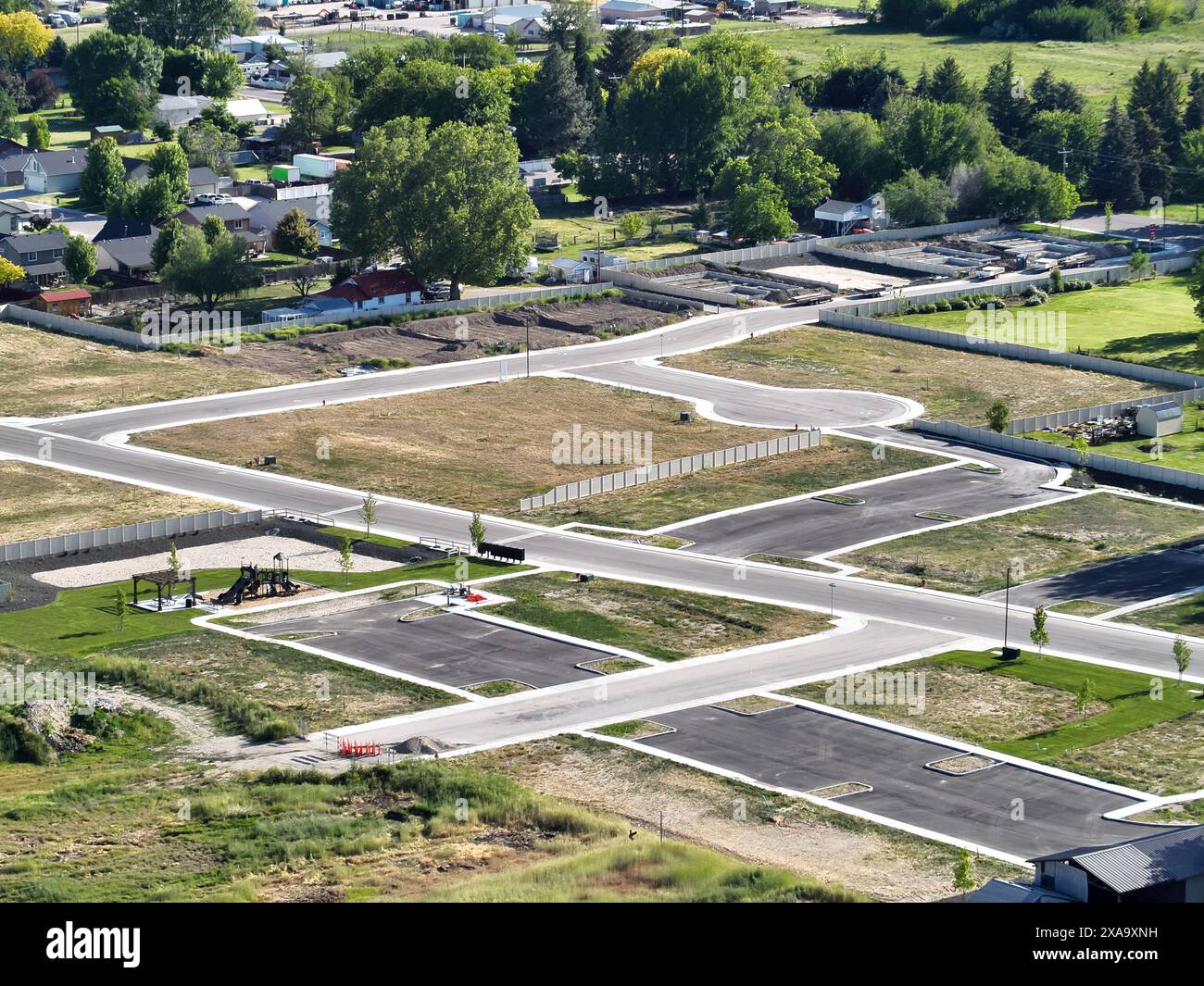 Aerial view of intersection in a small town Stock Photo - Alamy