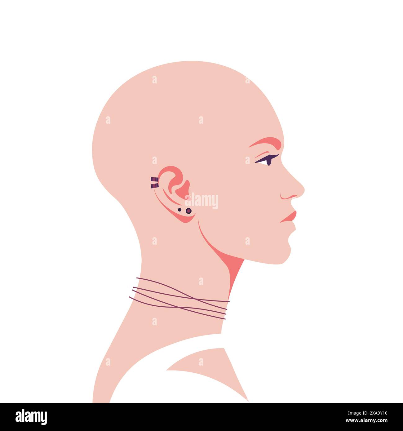 A profile of a bald young woman with piercing. Side view. Fashion model ...