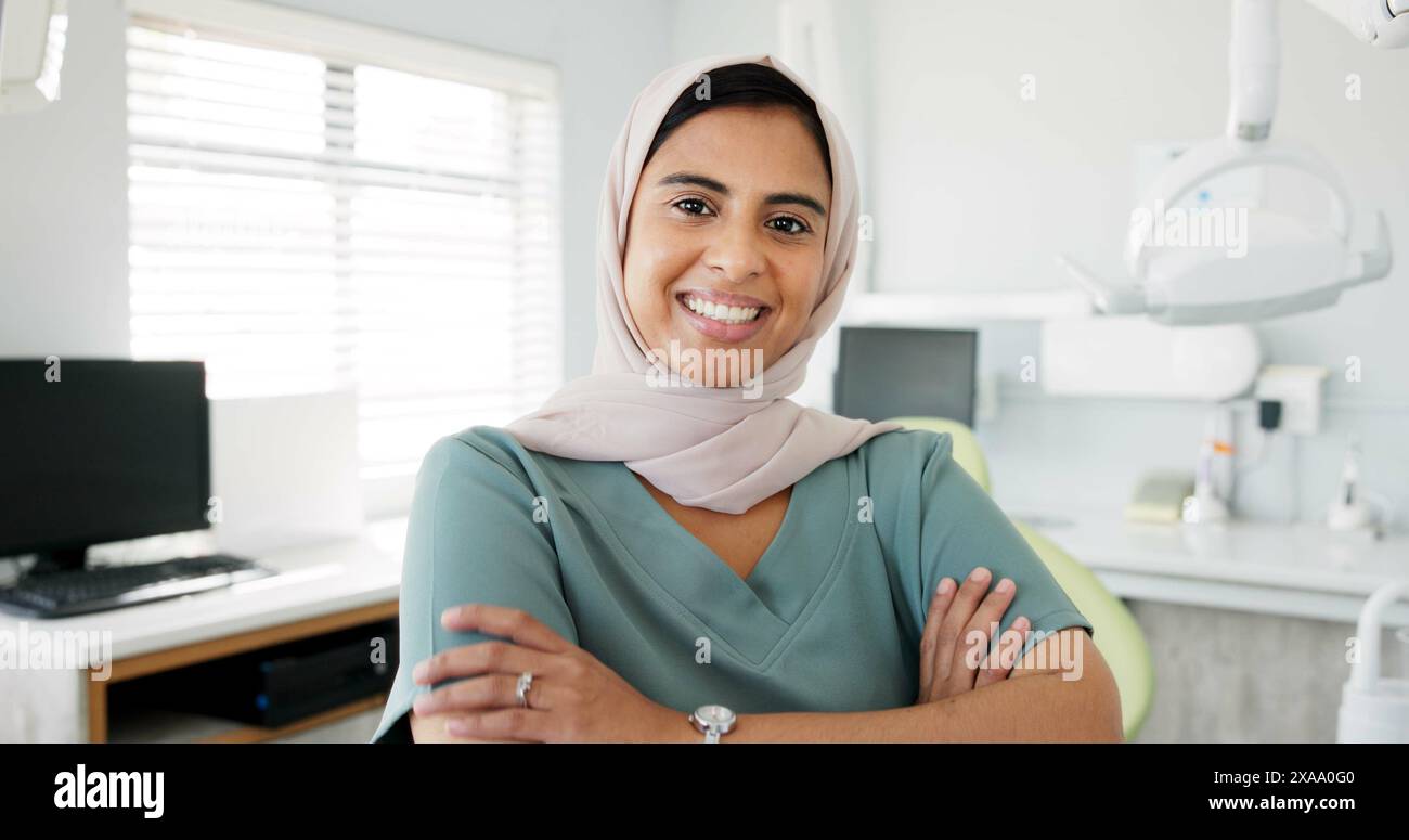 Muslim dentist, woman and happy with face, arms crossed and pride for ...