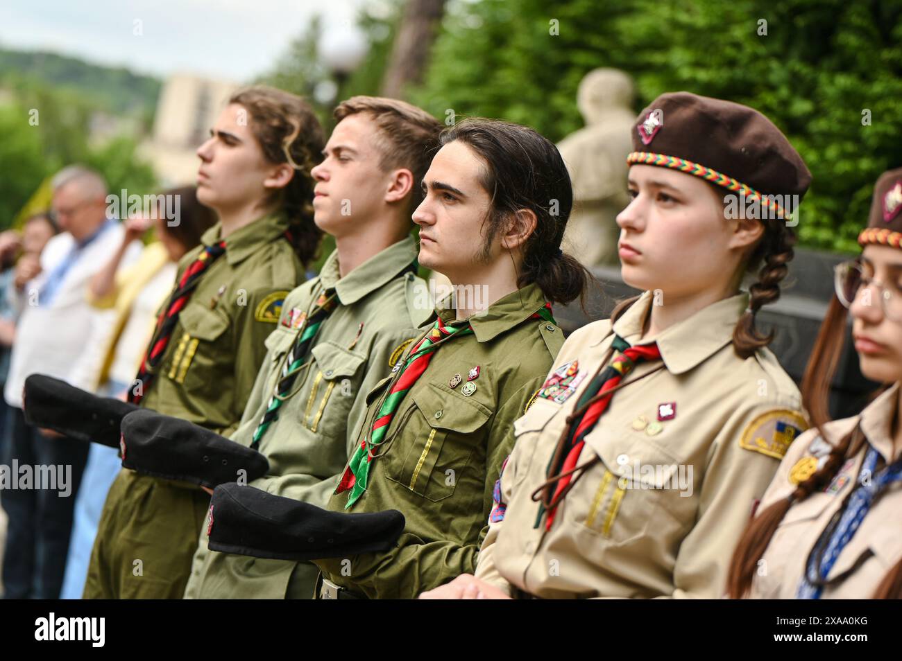 LVIV, UKRAINE - MAY 28, 2024 - Plast scouts stand to attention at the ...
