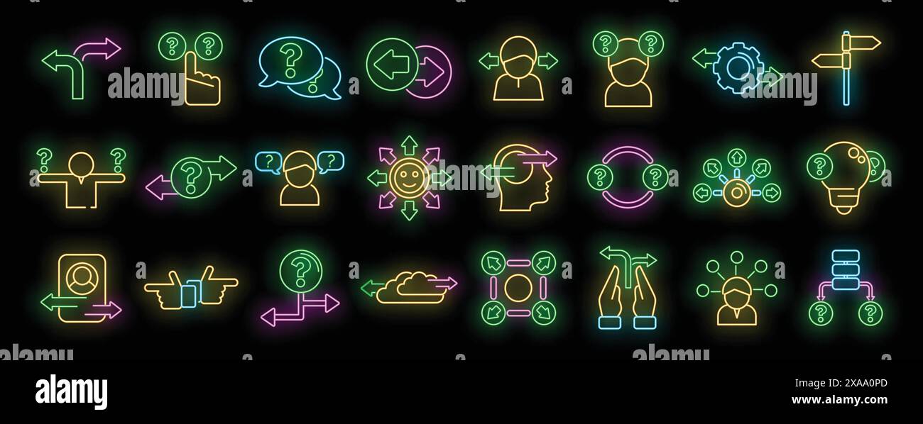 Ambiguity icons set outline vector. Data analysis. Arrow business neon color on black Stock ...