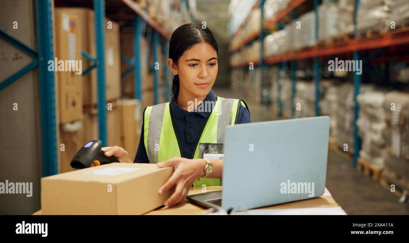 Laptop, qr code and inventory with woman scanning box in warehouse for ...