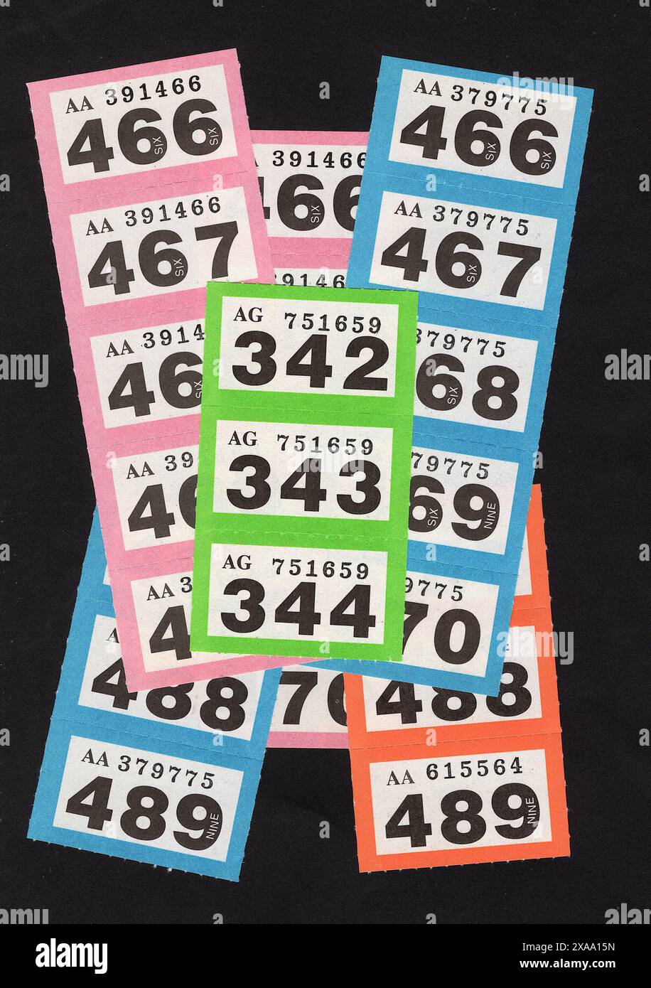 Strips of vintage raffle tickets isolated on a black background Stock ...