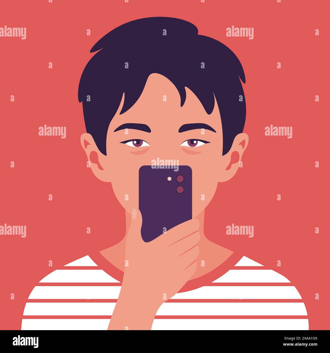 Portrait of an Asian boy with a smartphone. Avatar of a schoolboy ...