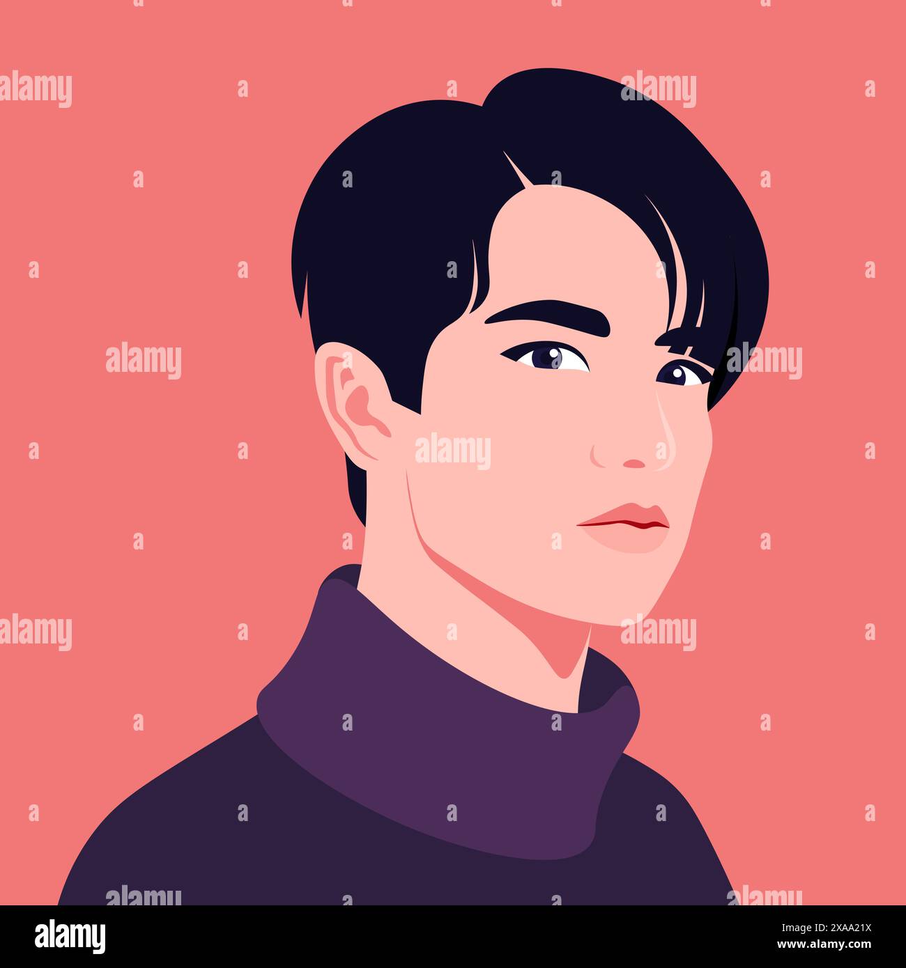 The face of a young Asian man on a red background. Vector flat ...