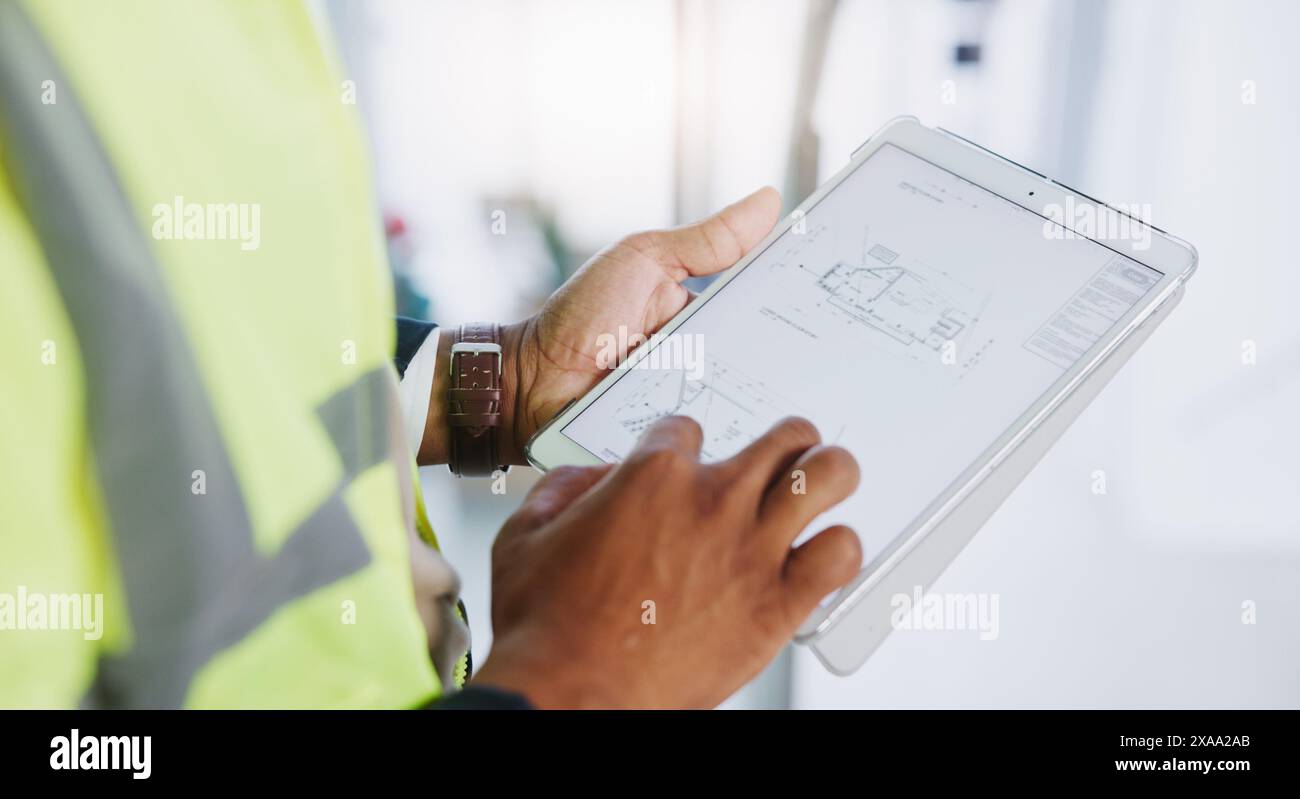 Tablet, hands and person with engineer screen while online for planning ...
