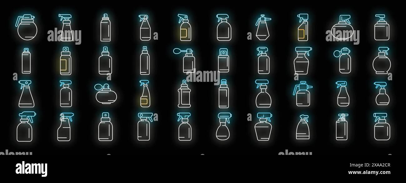 Spray bottle icons set outline vector. Sprayer cleaner. Mist air neon ...