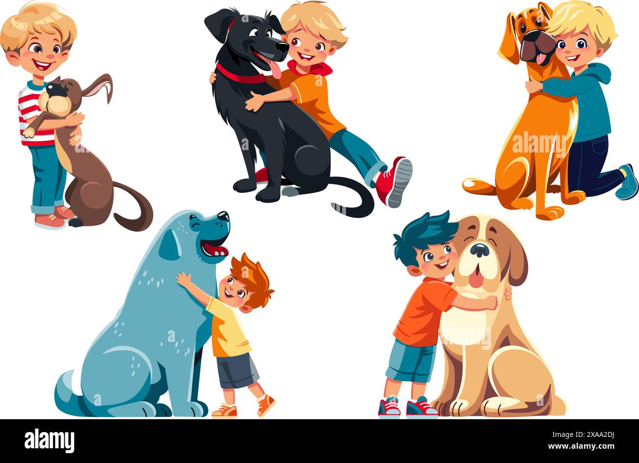 Set of boy hugging cartoon dog, Labrador Retriever, Boxer, Newfoundland ...