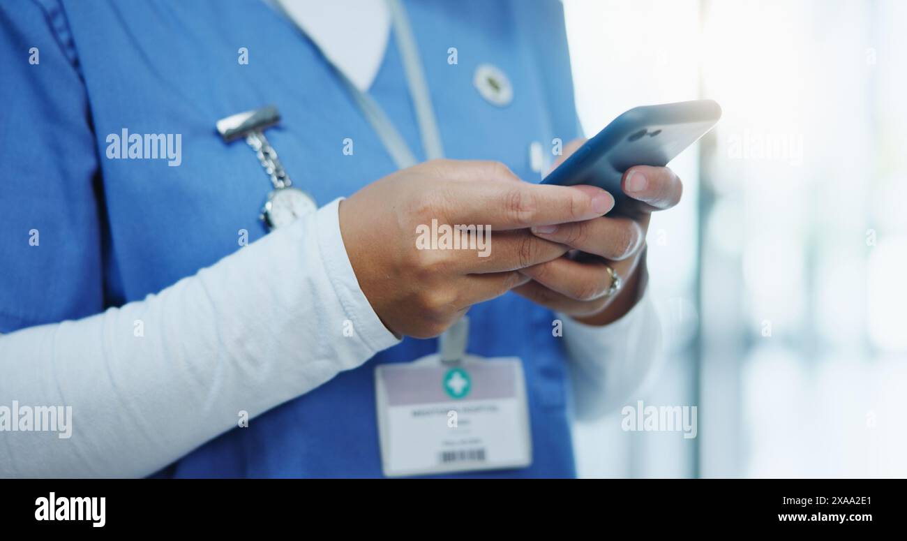 Healthcare, hands and nurse with mobile for research app, network and ...