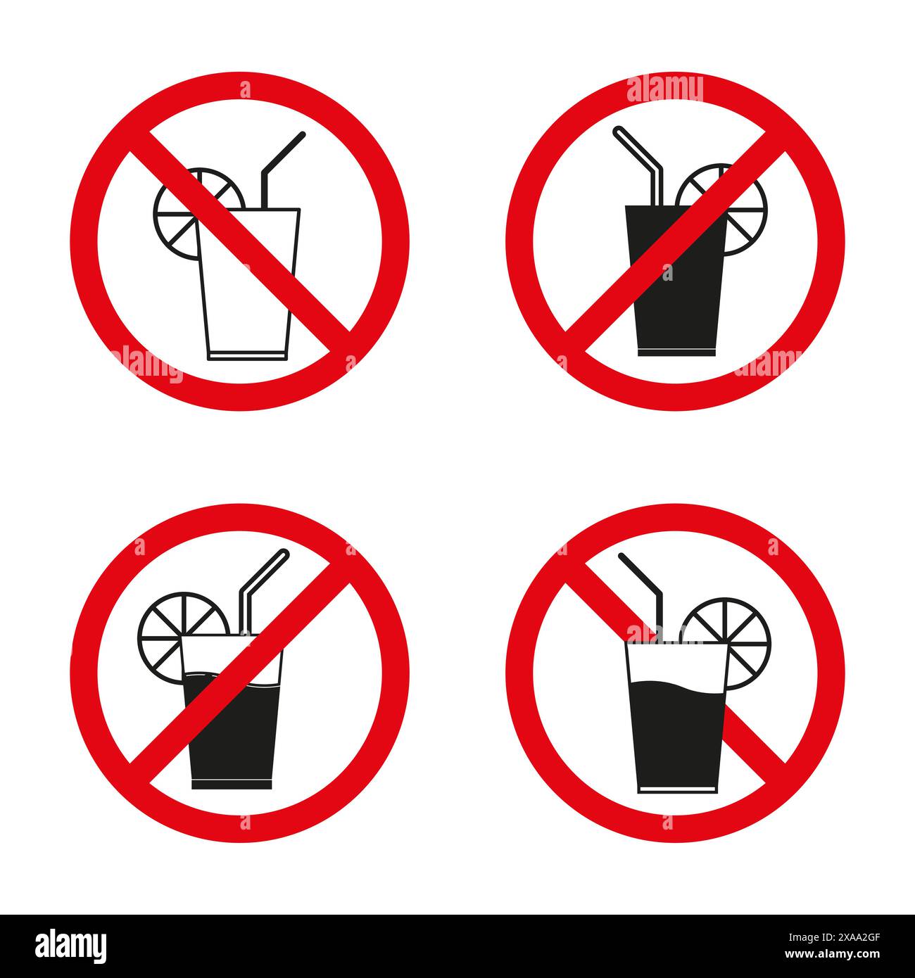 No drinks allowed. Red prohibition symbols. Glass with straw and lemon ...
