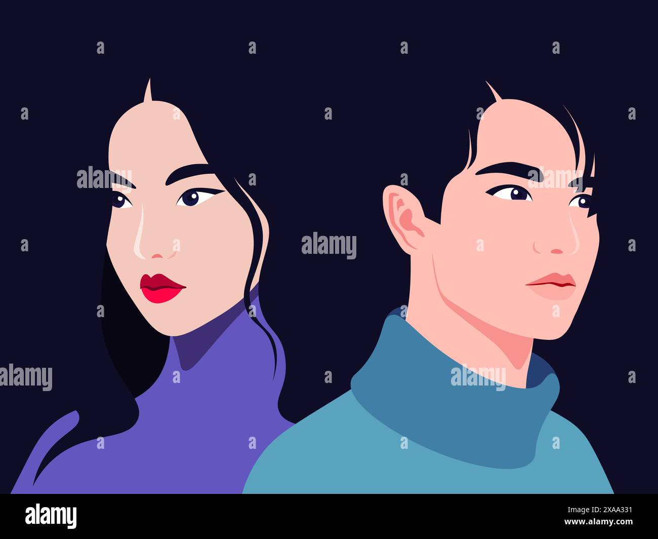 Portrait of a young Asian couple are half turned. Woman and man on dark ...